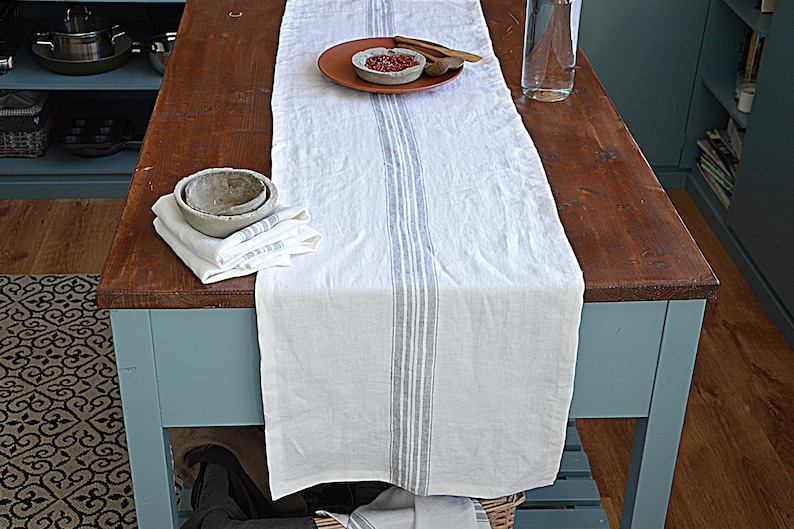 Linen Table Runner / Heavy Weight Runner / White With Strip / | Etsy