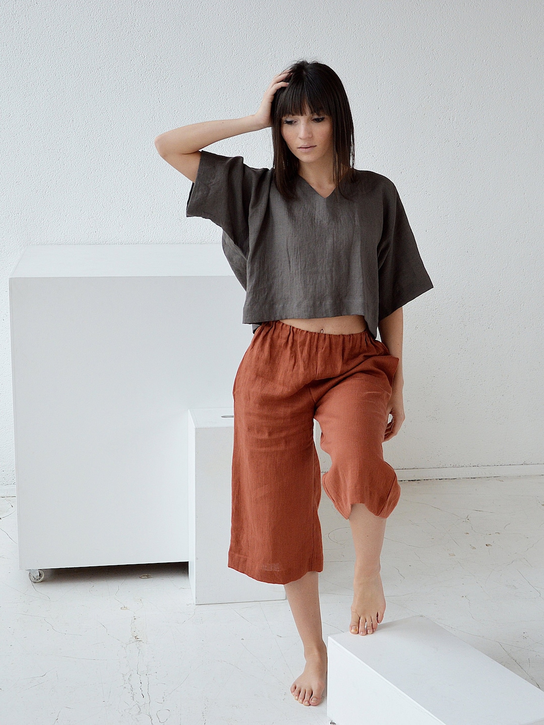V-neck Linen Blouse / Loose Linen Top / Oversize Linen Top / Dark Linen ...