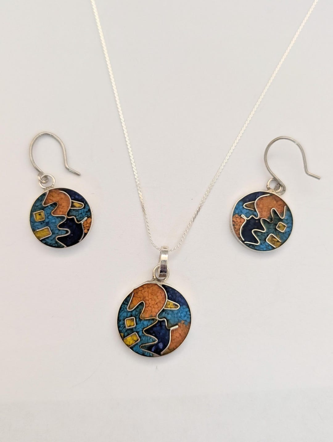 Circle Peruvian Pendant and Earrings Set With Chain 950 Sterling Silver ...