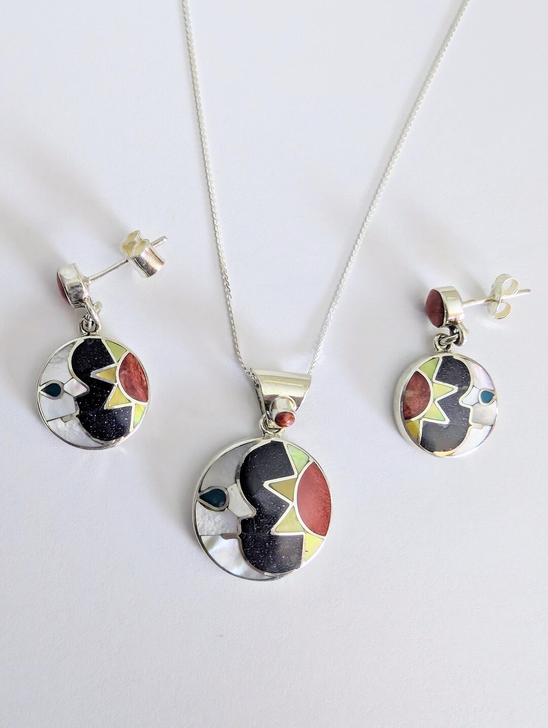 Peruvian Sun and Moon Pendant and Earrings Set With Chain 950 Sterling ...
