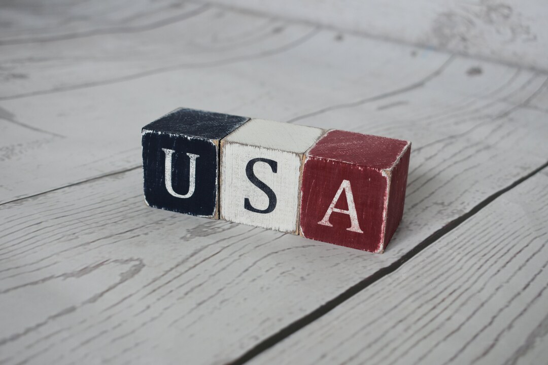 Set/3 Patriotic USA 1.5" Square Block Sitter, Tiered Tray, Home Decor ...