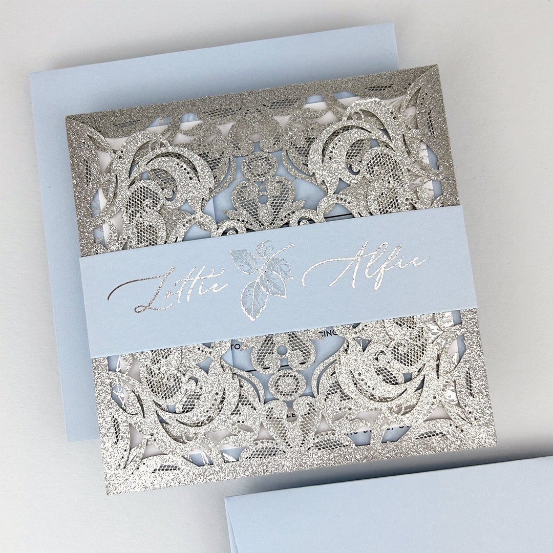 SAMPLE Lottie With Farrah Sliver Glitter Laser Wedding Invitation With ...
