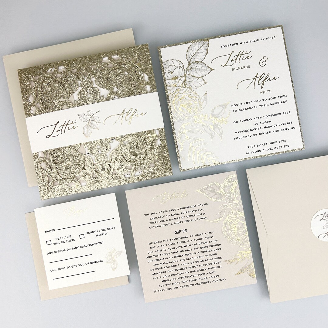 SAMPLE Lottie With Farrah Gold Glitter Laser Wedding Invitation With ...