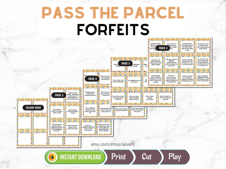 Pass the Parcel Game Forfeits, Birthday Party Game Printable ...