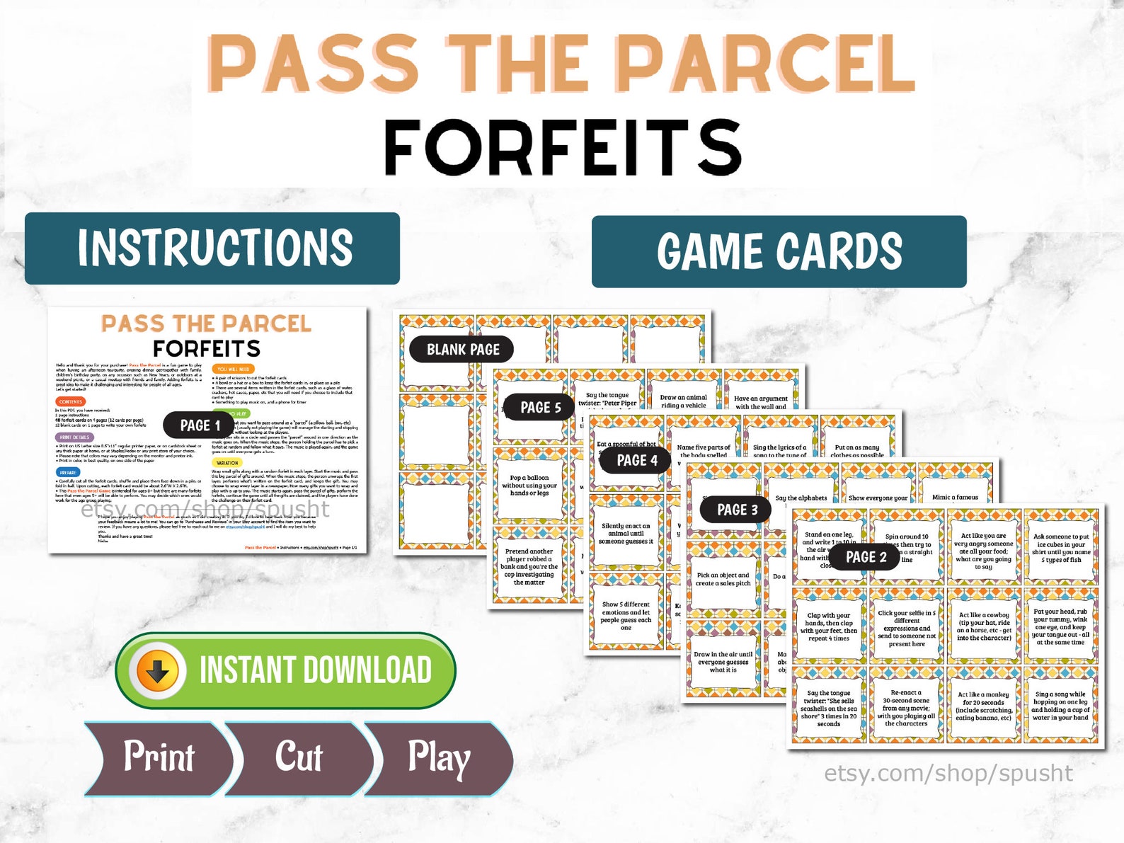 Pass the Parcel Game Forfeits, Birthday Party Game Printable ...