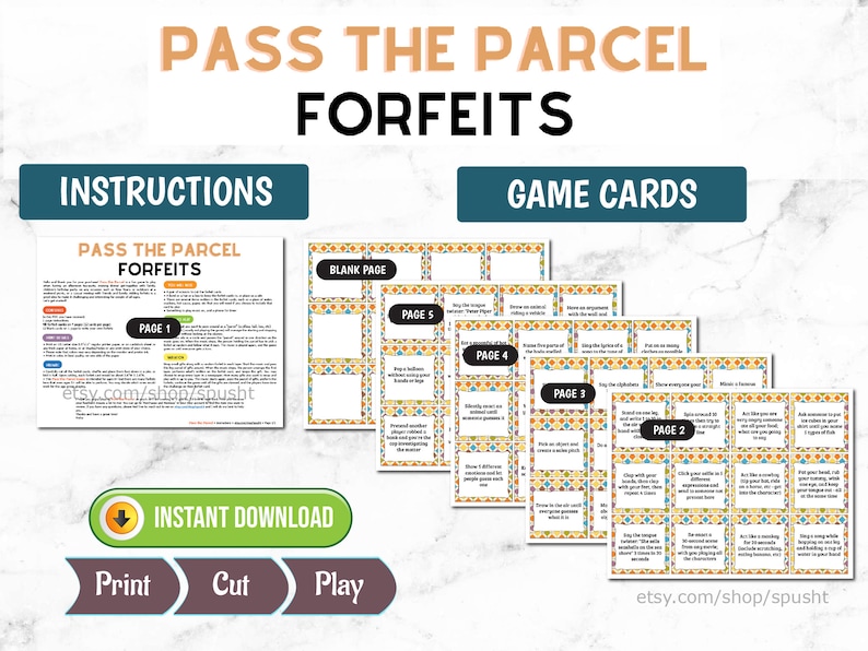 Pass the Parcel Game Forfeits, Birthday Party Game Printable ...