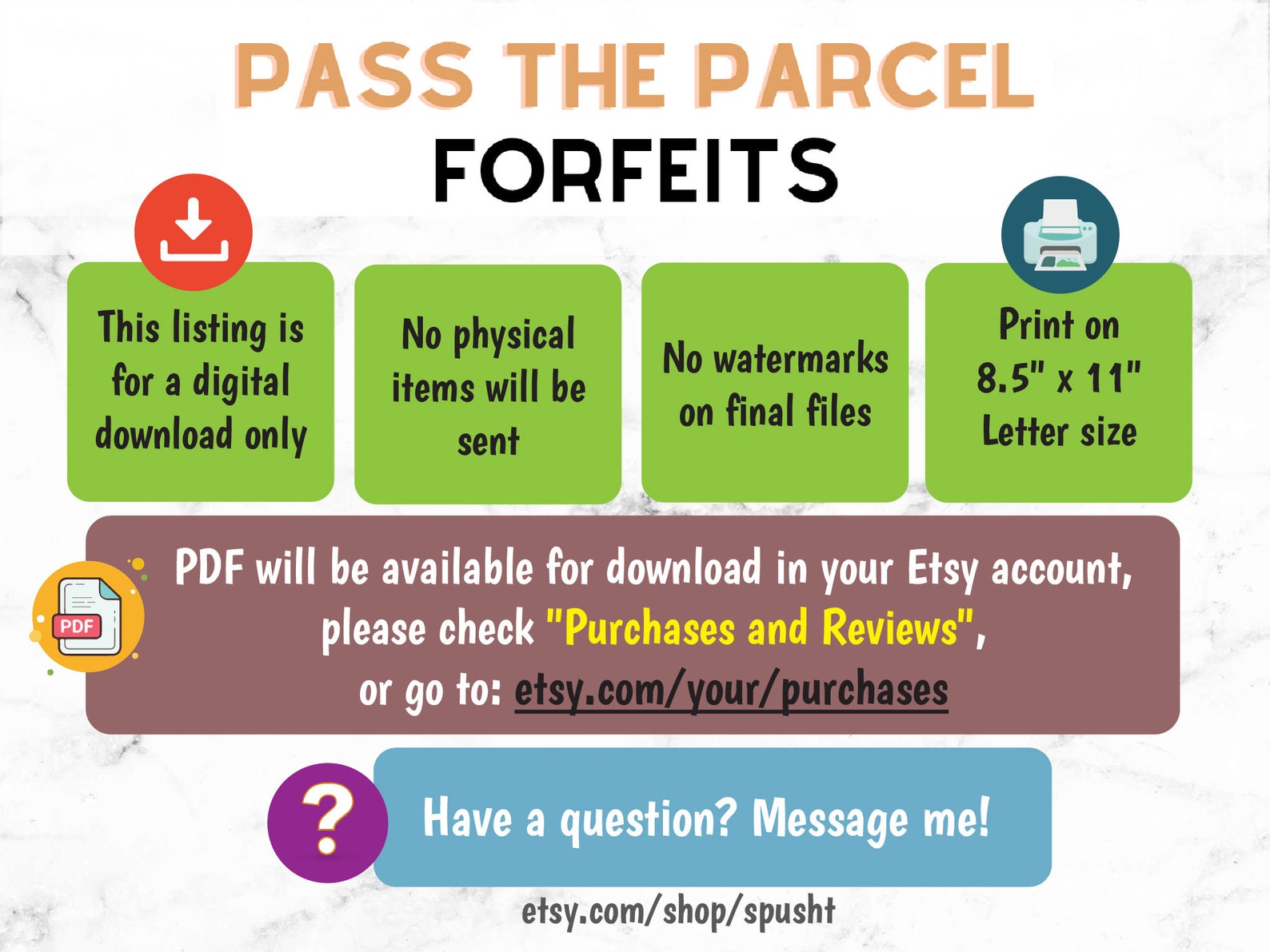 Pass the Parcel Game Forfeits, Birthday Party Game Printable ...