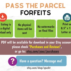 Pass the Parcel Game Forfeits, Birthday Party Game Printable ...