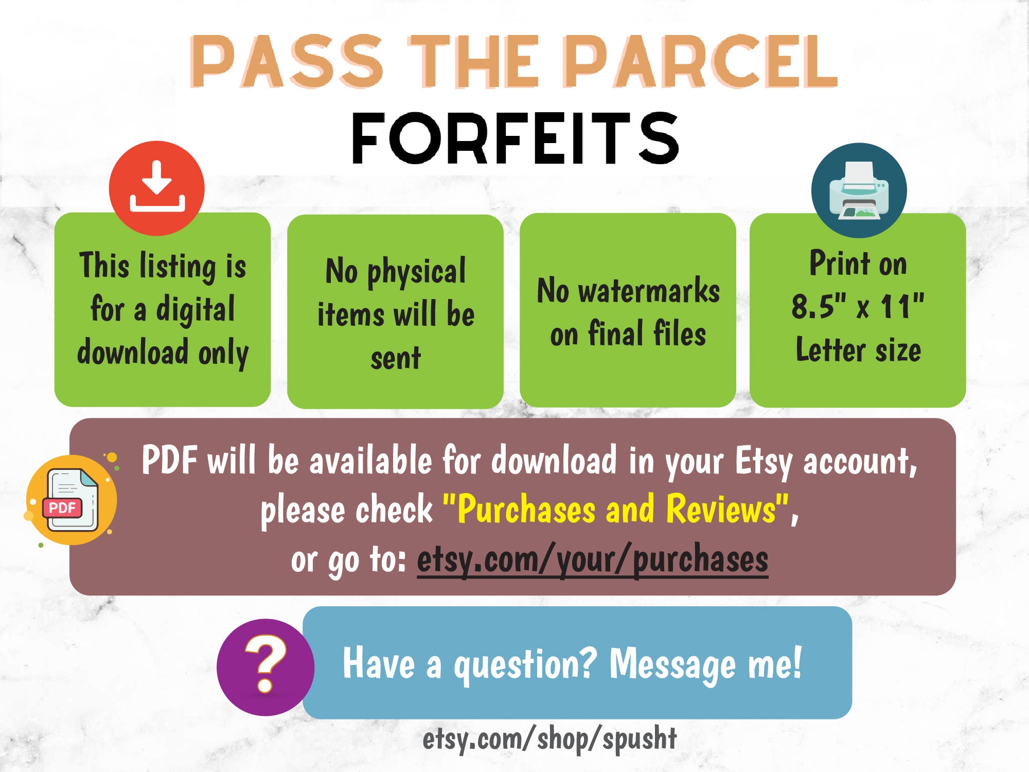 Pass the Parcel Game Forfeits, Birthday Party Game Printable ...