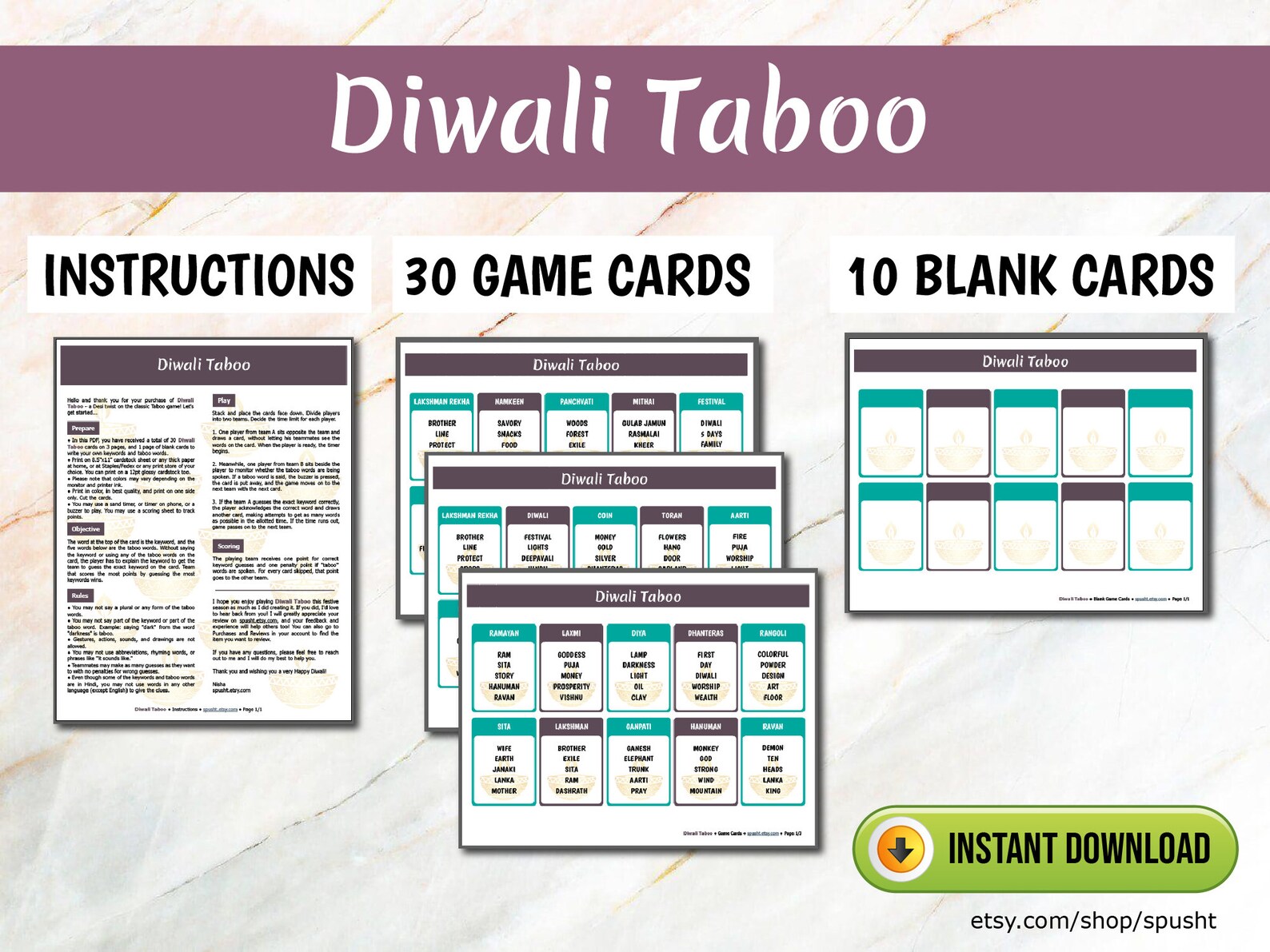 Diwali Taboo, Diwali Games, Indian Festival, Diwali Party Game for ...