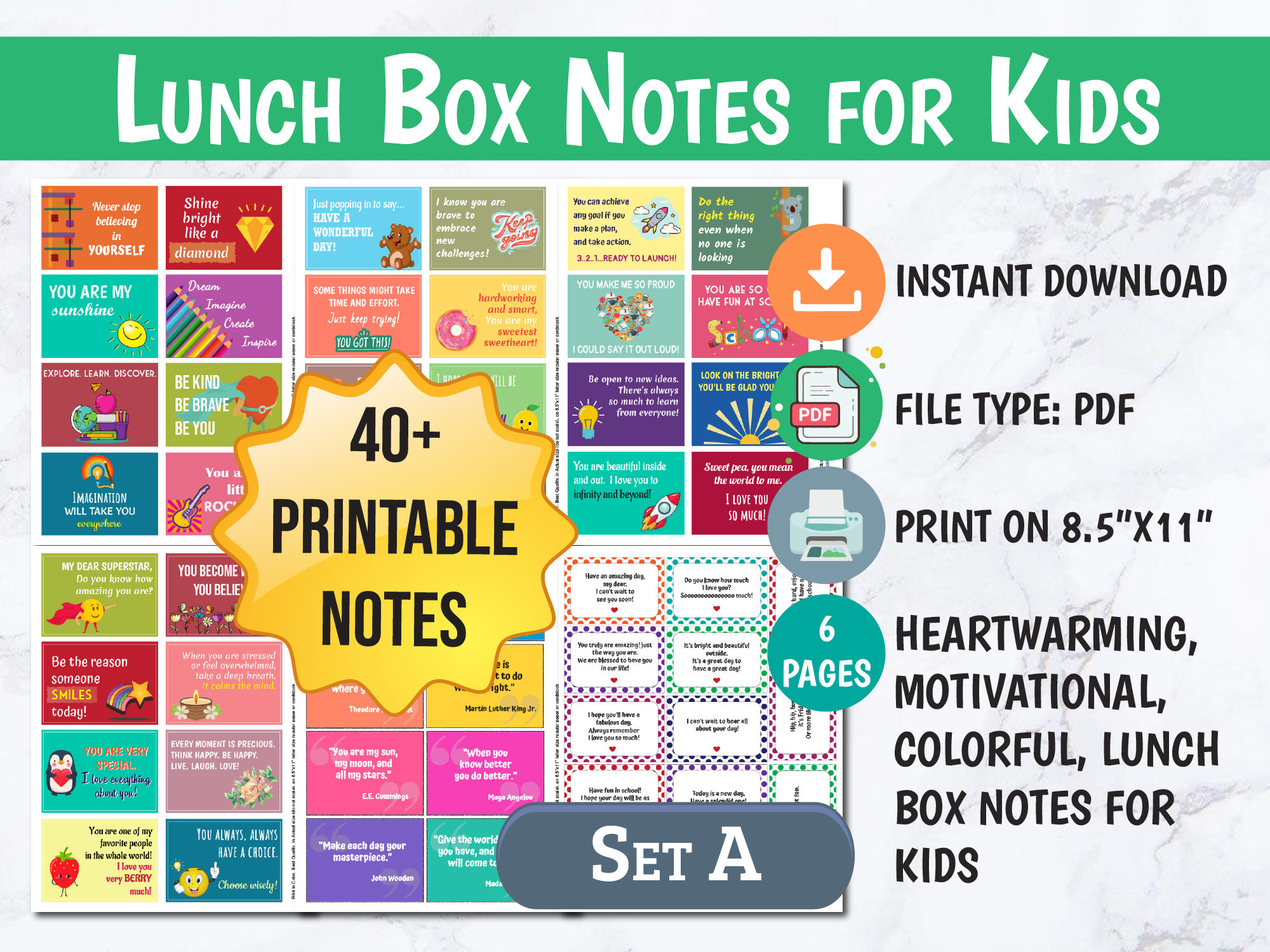 Printable Lunch Notes for Kids Positive Messages & Inspirational Quotes ...