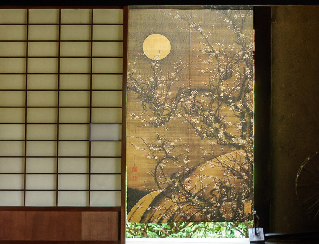 Noren Japanese Curtain White Plum Blossoms in Moonlight Motif Jakuchu ...