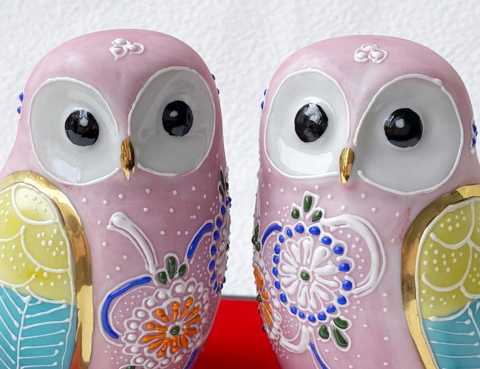 Pair Fukuro Kutani Yaki Porcelain Japanese Owl Pink Mori Art 2.5' Japan ...