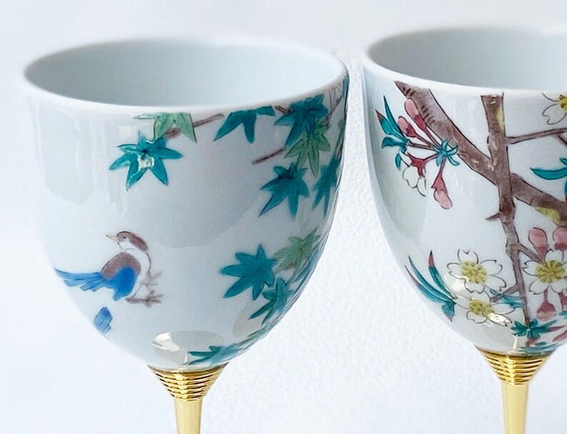 Pair Kutani Yaki Porcelain Wine Glass Cup Little Bird Spring - Etsy