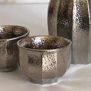 Arita Porcelain Japanese Sake Cup and Bottle Set Silver Platinum Glaze ...