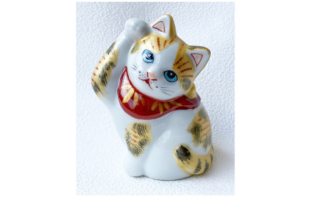 Maneki Neko Kutani Yaki Porcelain Japanese Lucky Cat Scratch Cat Gold ...