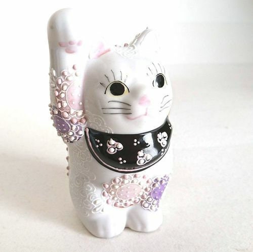 Kutani Yaki Maneki Neko Japanese Fortune Lucky Cat White Shiro Mori ...