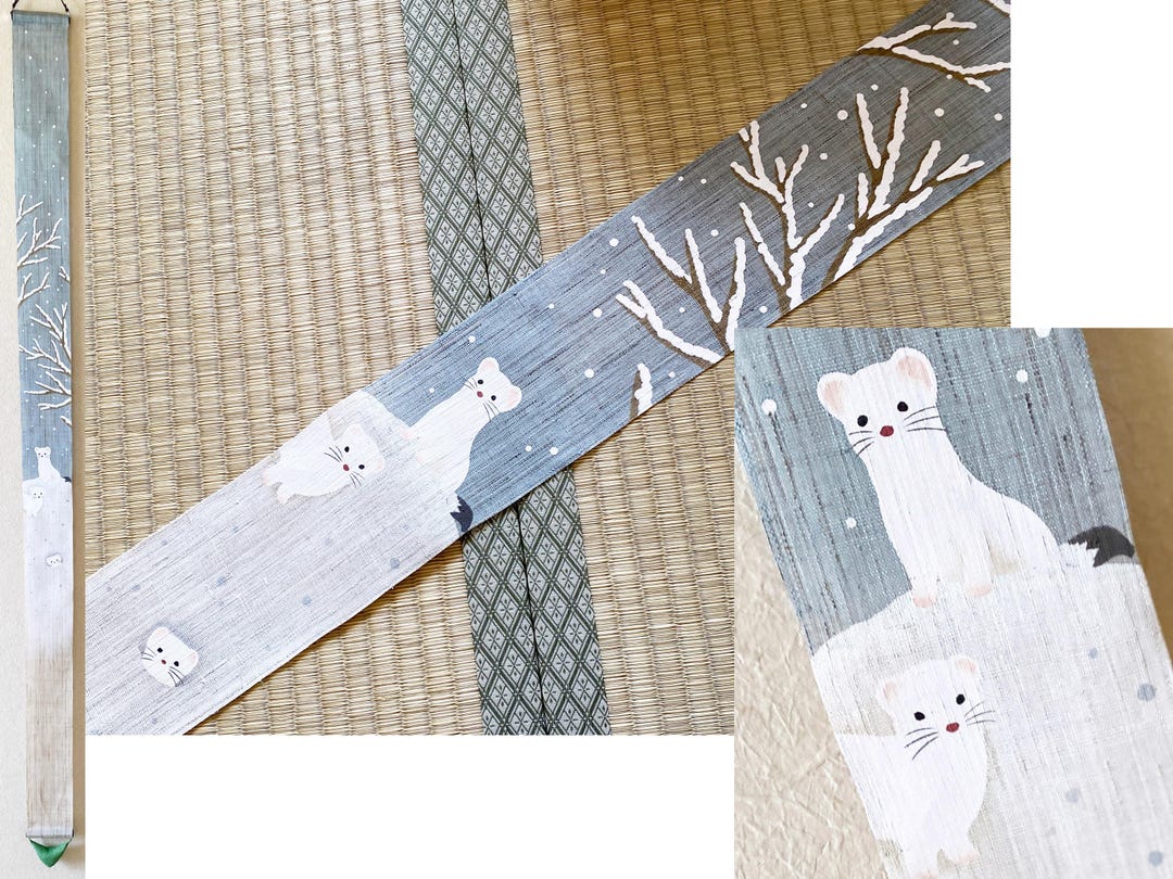 Kyoto Tapestry Wall Hanging Handpainted Linen Ermine Stoat Winter Japan ...