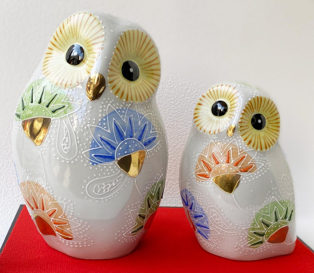 Pair Fukuro Kutani Yaki Porcelain Japanese Owl Ornaments White Mori Art ...