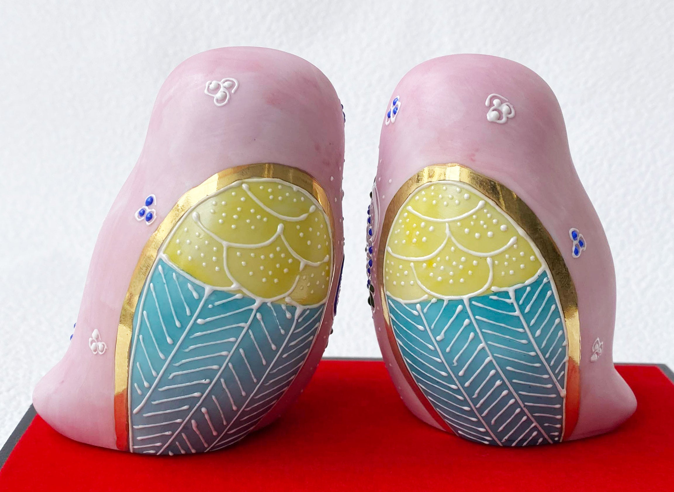 Pair Fukuro Kutani Yaki Porcelain Japanese Owl Pink Mori Art 2.5' Japan ...