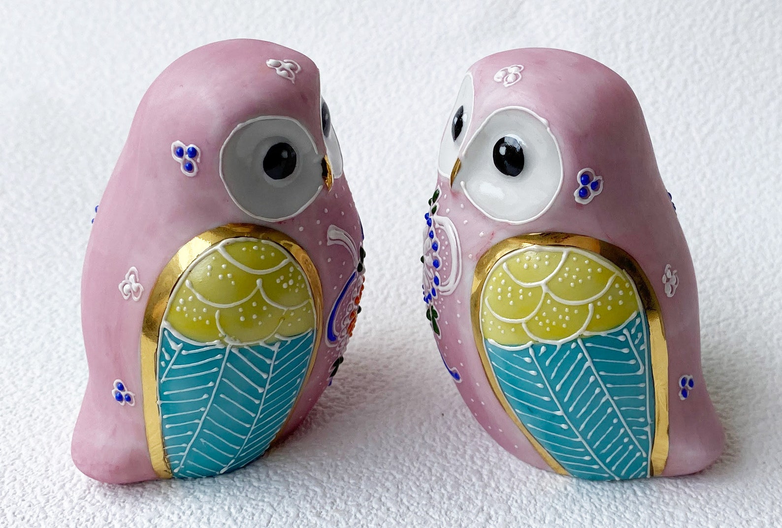 Pair Fukuro Kutani Yaki Porcelain Japanese Owl Pink Mori Art 2.5' Japan ...