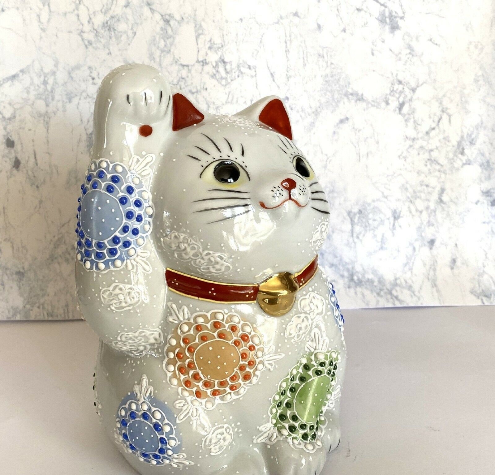 Japanese Lucky Cat Maneki Neko Kutani Yaki Porcelain White Shiro Mori ...