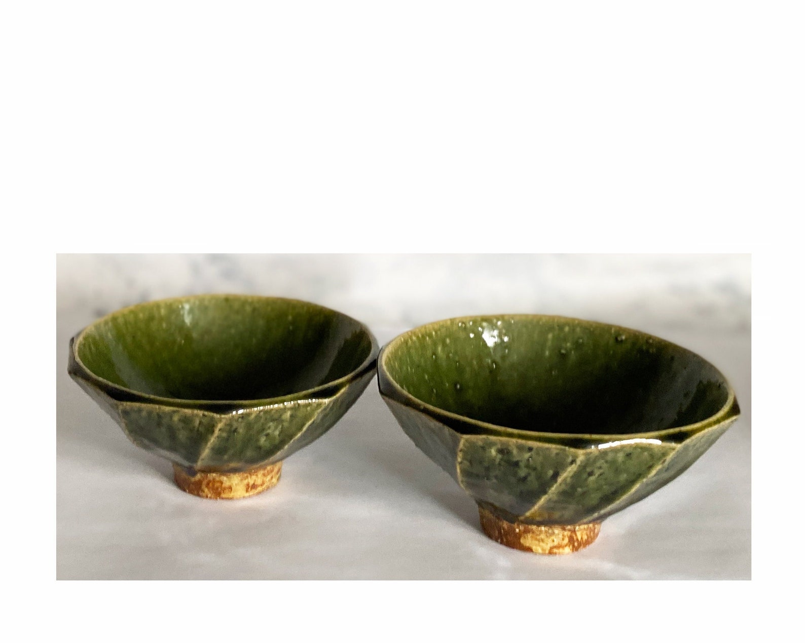 Pair Japanese Chawan Rice Bowl Kyo Kiyomizu Yaki Ware Oribe Green Japan ...