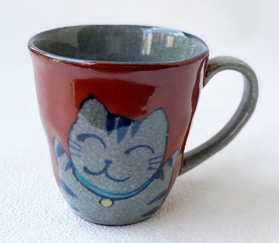 Arita Yaki Ware Japanese Coffee Tea Mug Cup Banzai Cat Neko Red Japan ...