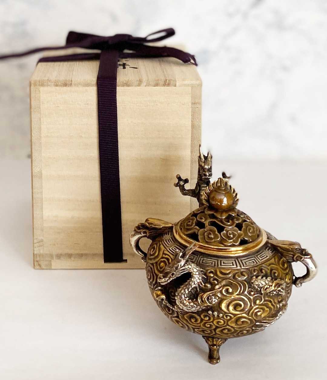 Koro Japanese Bronze Incense Burner Takaoka Doragon Clowd Jewel Motif ...
