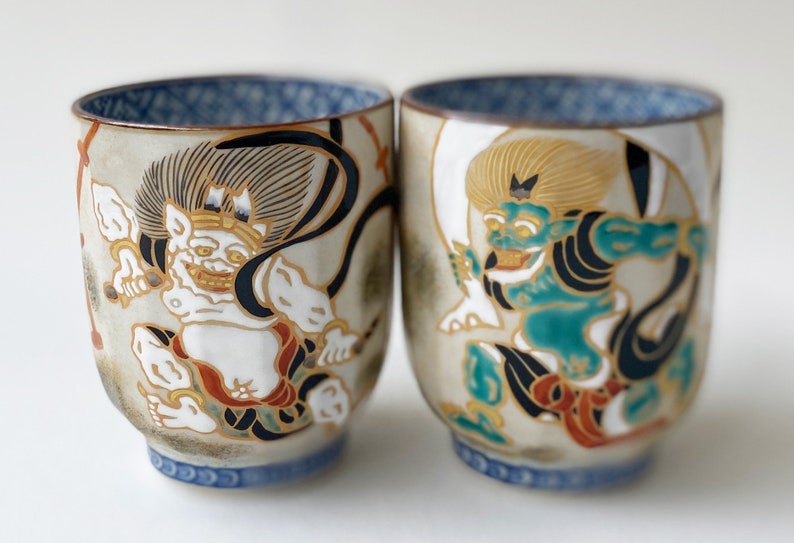 Yunomi Kyo Kiyomizu Yaki Japanese Tea Cup Set Fujin Raijin Sotatsu ...