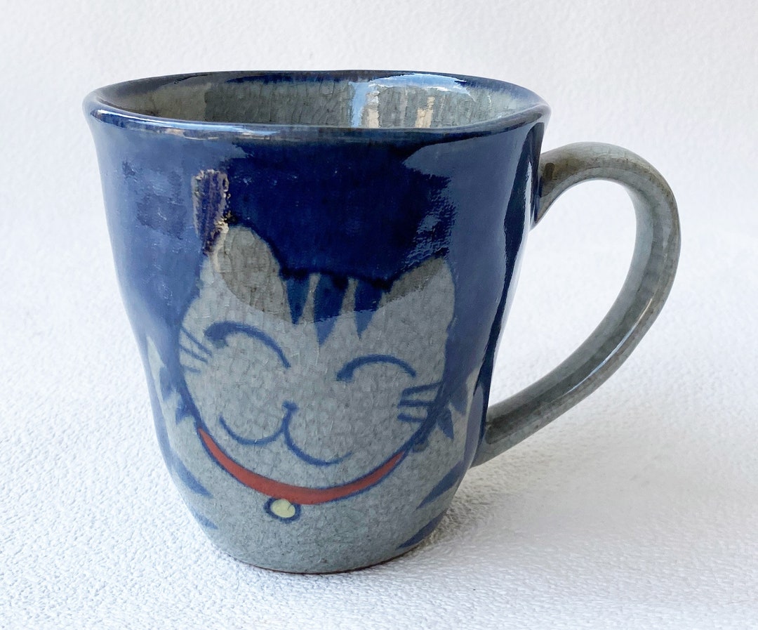 Arita Yaki Ware Japanese Coffee Tea Mug Cup Banzai Cat Neko Blue Japan ...