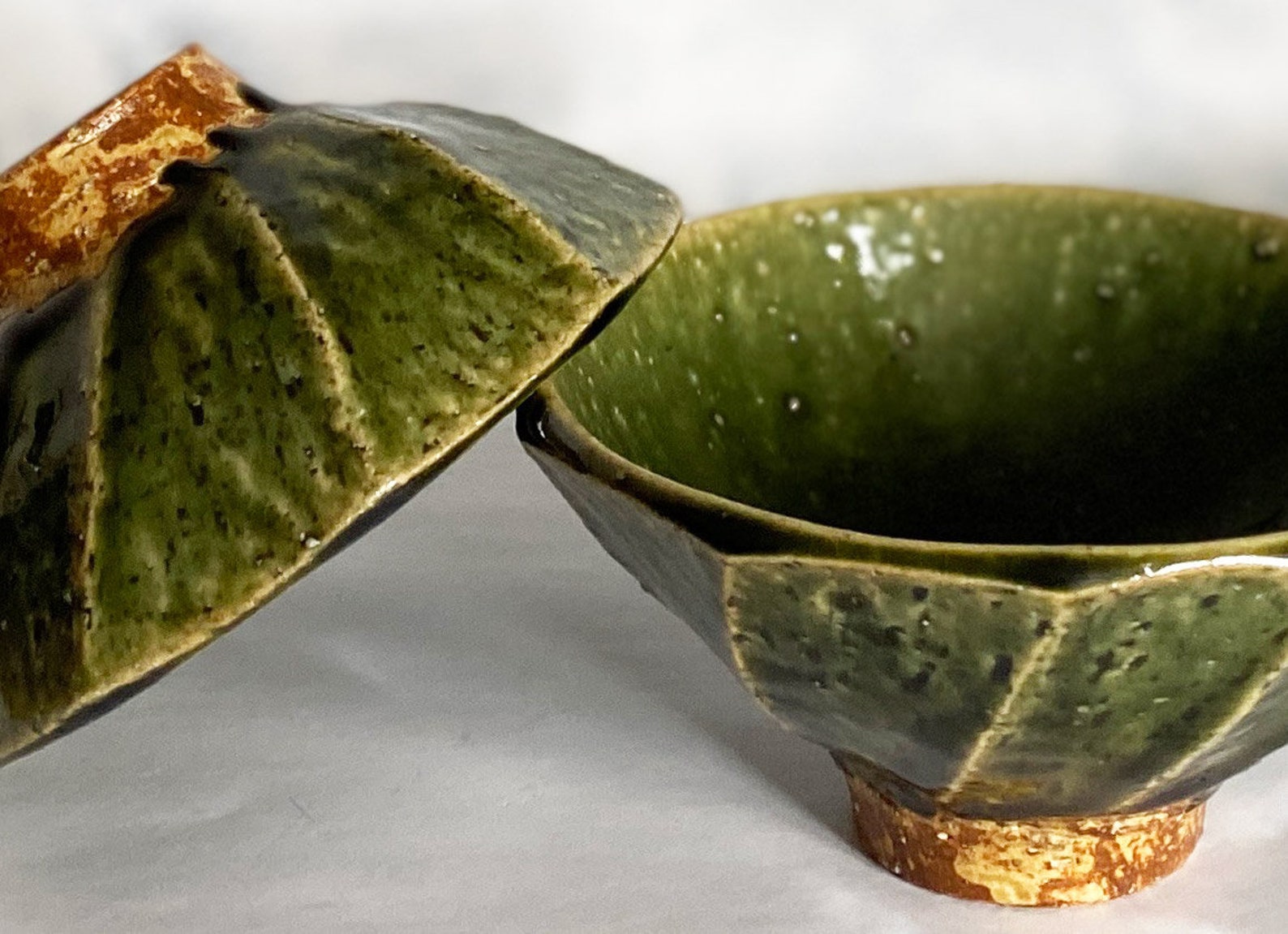 Pair Japanese Chawan Rice Bowl Kyo Kiyomizu Yaki Ware Oribe Green Japan ...
