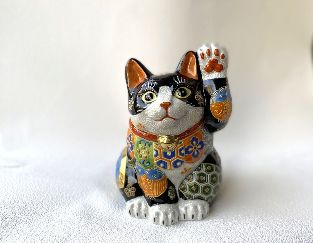 Maneki Neko Japanese Lucky Cat Kutani Yaki Ware Apron Black Mori Komon ...