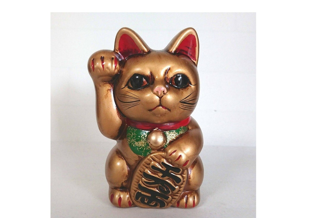 Maneki Neko Tokoname Yaki Gold Japanese Lucky Cat Coin Bank Right Hand ...