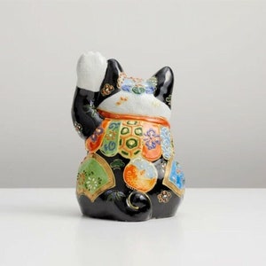 Maneki Neko Japanese Lucky Cat Kutani Yaki Ware Apron Black Mori Komon ...