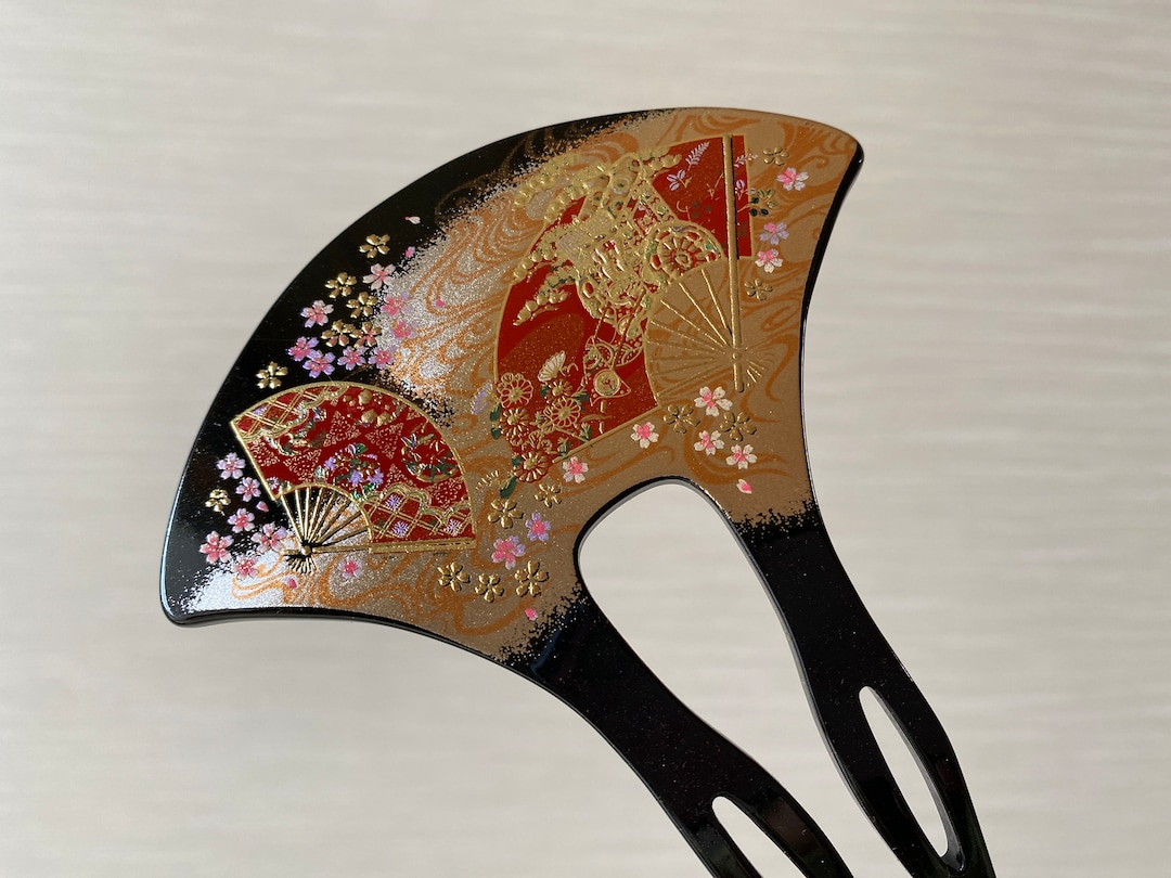 Japanese Lacquer Geisha Kanzashi Comb Kimono Hairpin Black Urushi Kyoto ...