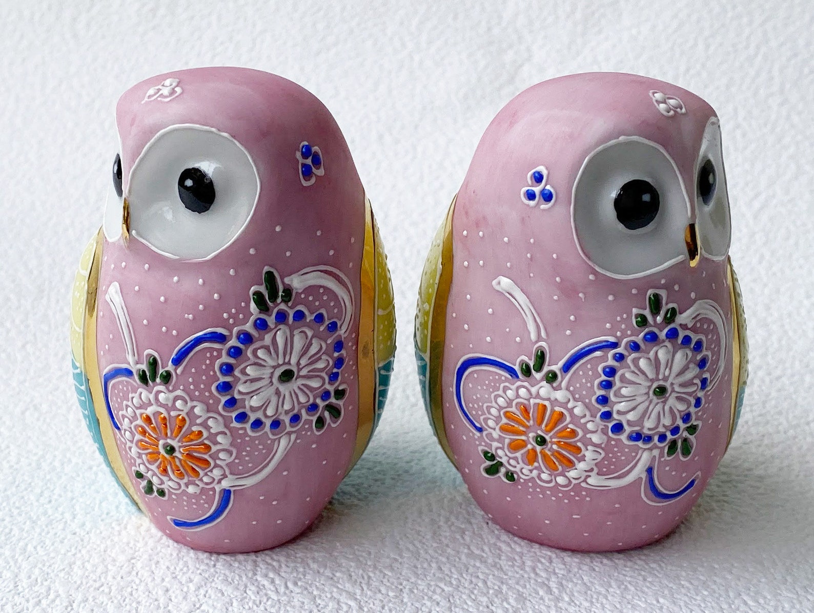 Pair Fukuro Kutani Yaki Porcelain Japanese Owl Pink Mori Art 2.5' Japan ...