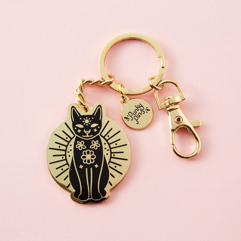 Gold and Black Mystic Cat Enamel Keyring/keychains // Key | Etsy