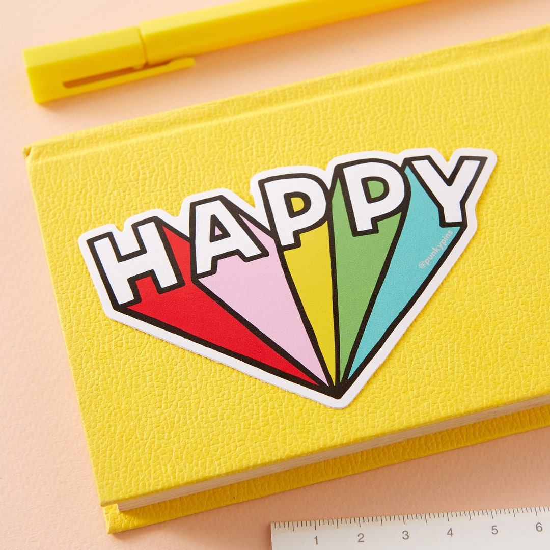 HAPPY Vinyl Sticker // Positivity Laptop Sticker // Colourful Sticker ...