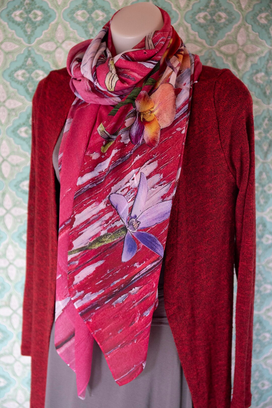 Scarf, Longicordia Orchids on Red Painted Wood, Orchid Scarves, Native ...