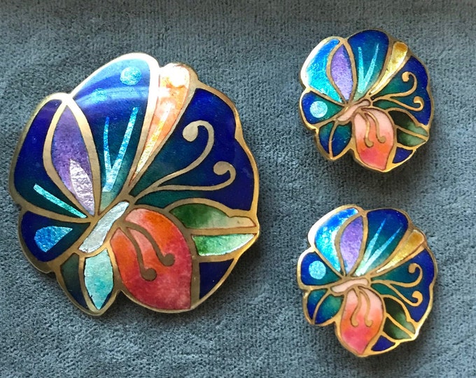 Vintage David Kuo Butterfly Enamel Brooch Pendant With Earrings, Signed ...