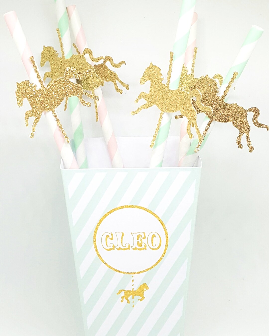 Set of 6 Straws Horse Carousel Mint Green and Pink golden Horse for ...