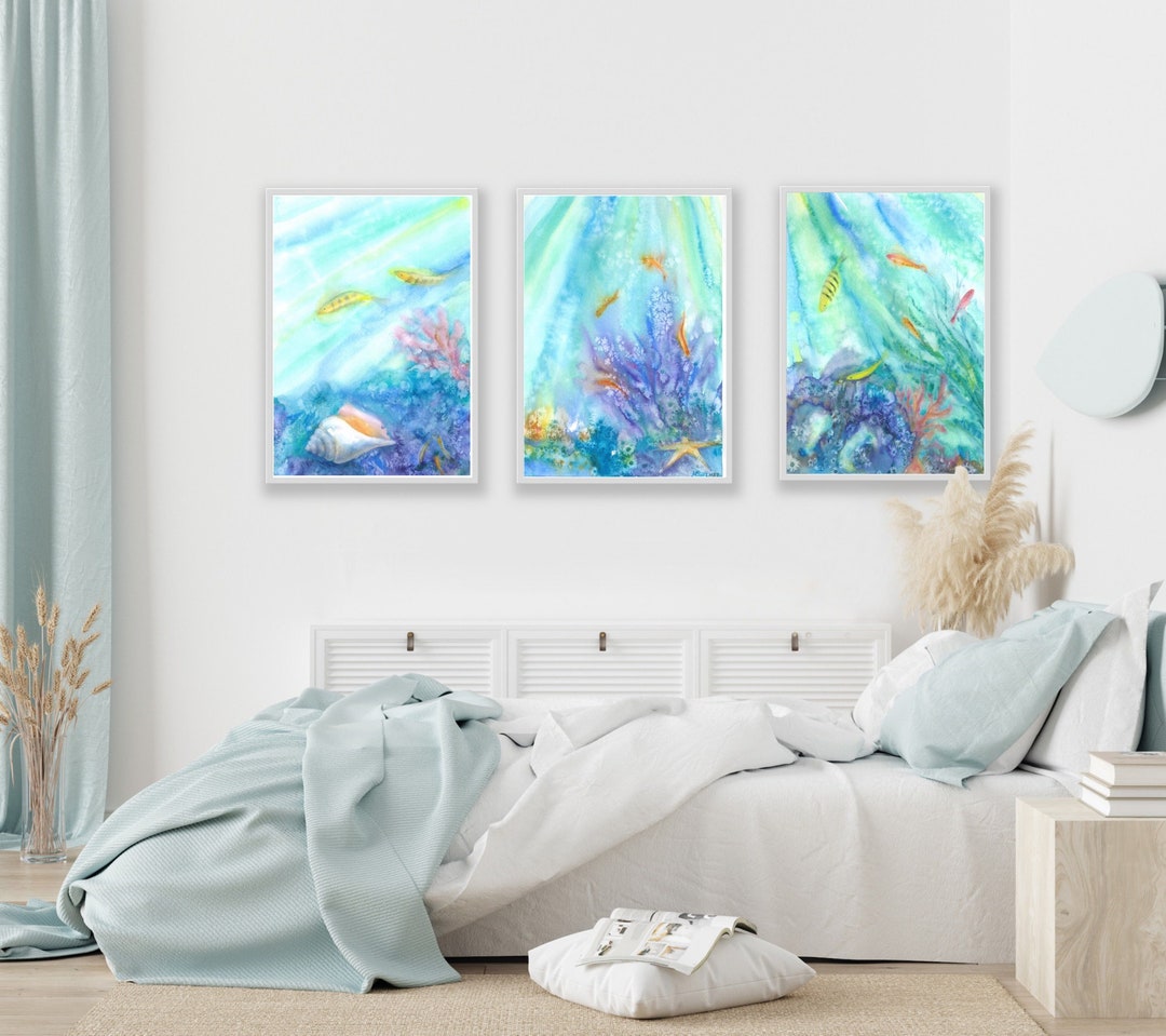 Bright Watercolor Triptych Blue Ocean romantic Vibrant Printable Wall ...