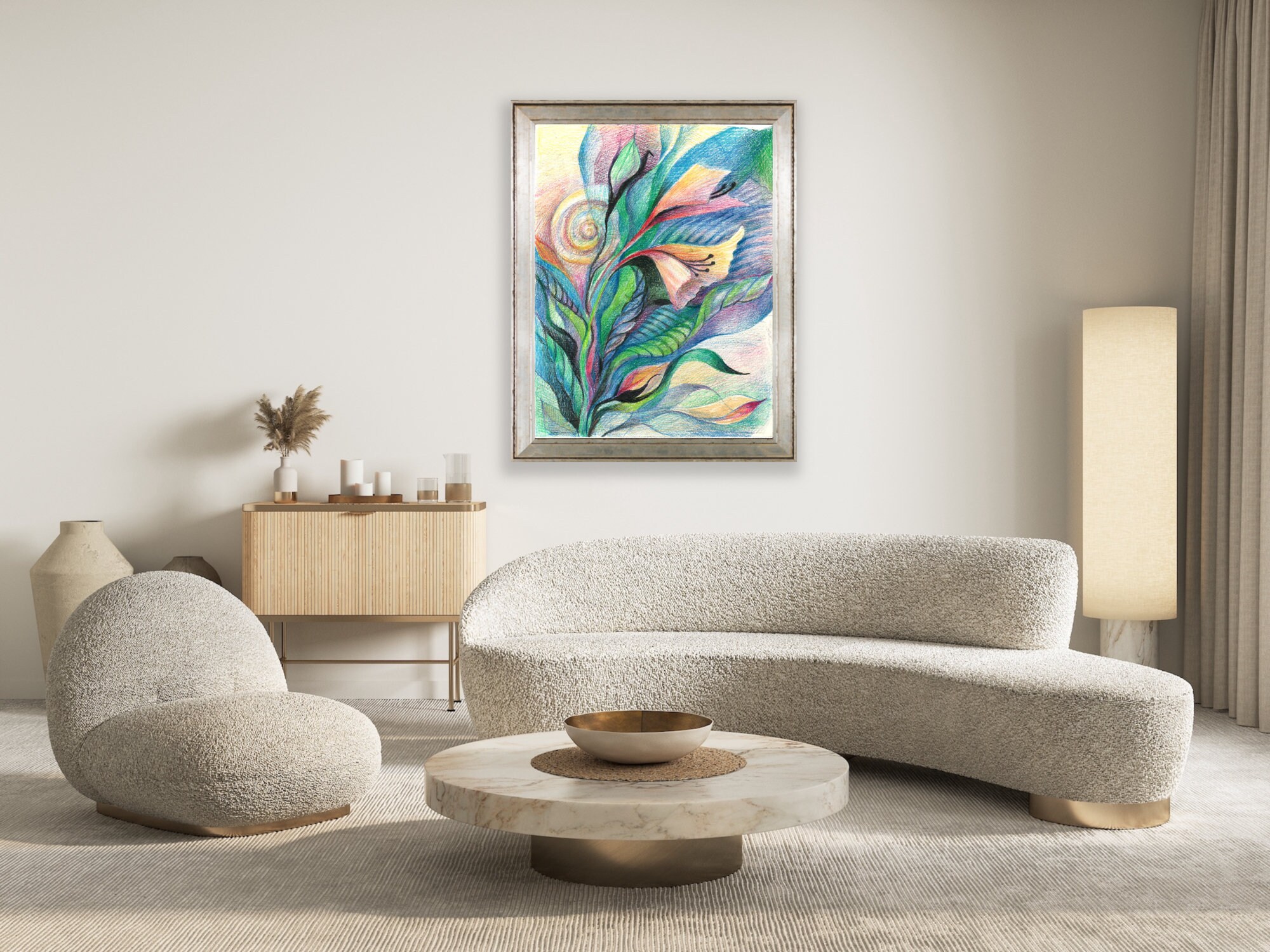 Abstract Romantic Printable Drawing Bright Floral Vibrant Wall Art ...