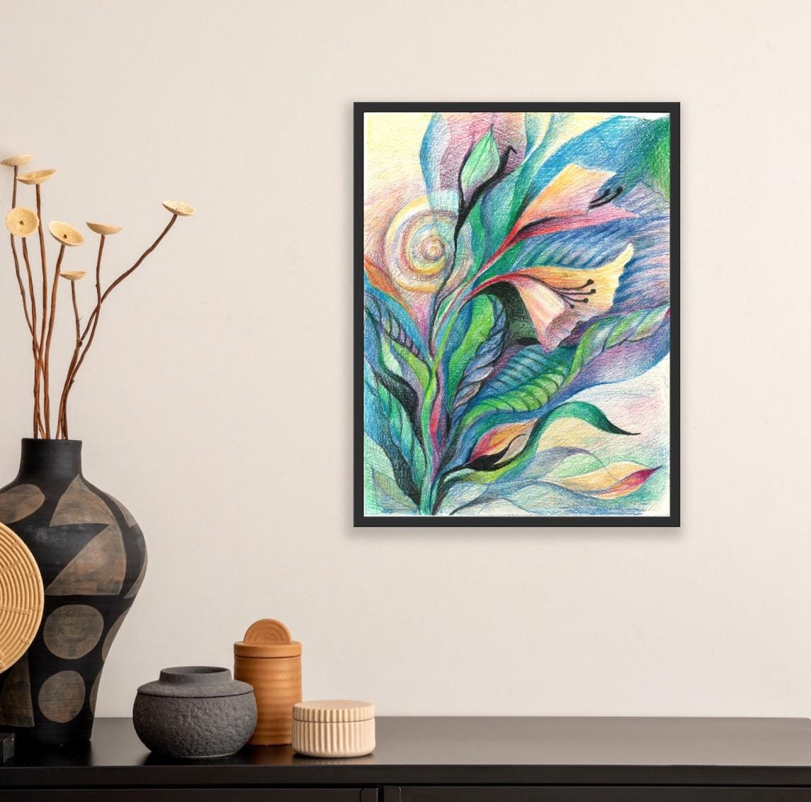 Abstract Romantic Printable Drawing Bright Floral Vibrant Wall Art ...