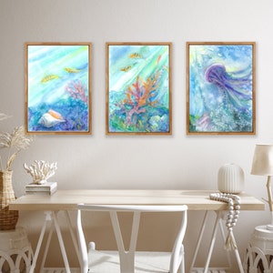 Bright Printable Watercolor Triptych Vibrant Blue Reef Coral Jellyfish ...