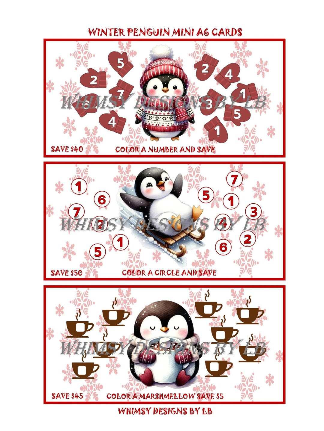 Winter Penguin Savings Challenge Mini A6 Cards - Etsy