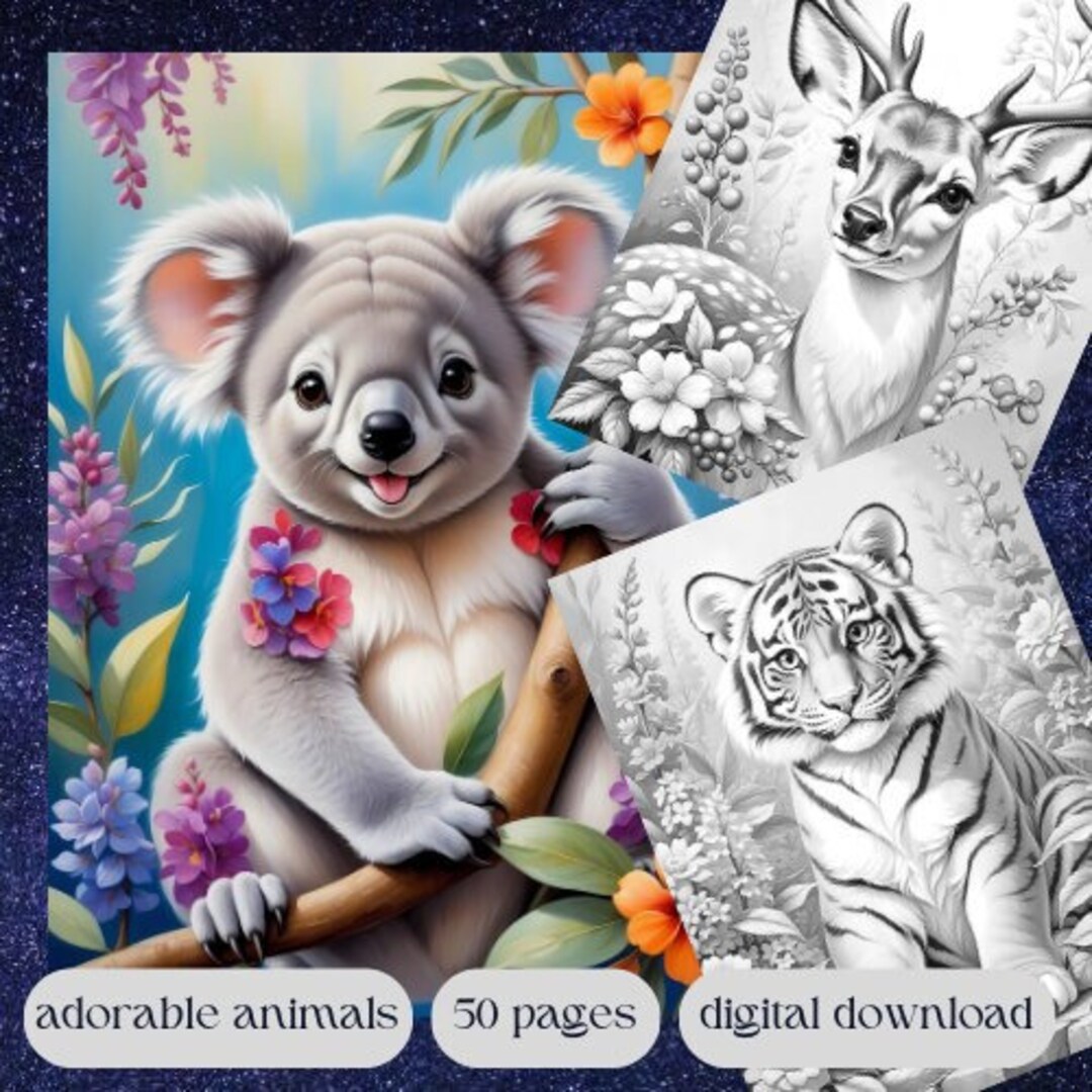 Adorable Animals/printable Adult Coloring Pages/download Grayscale ...