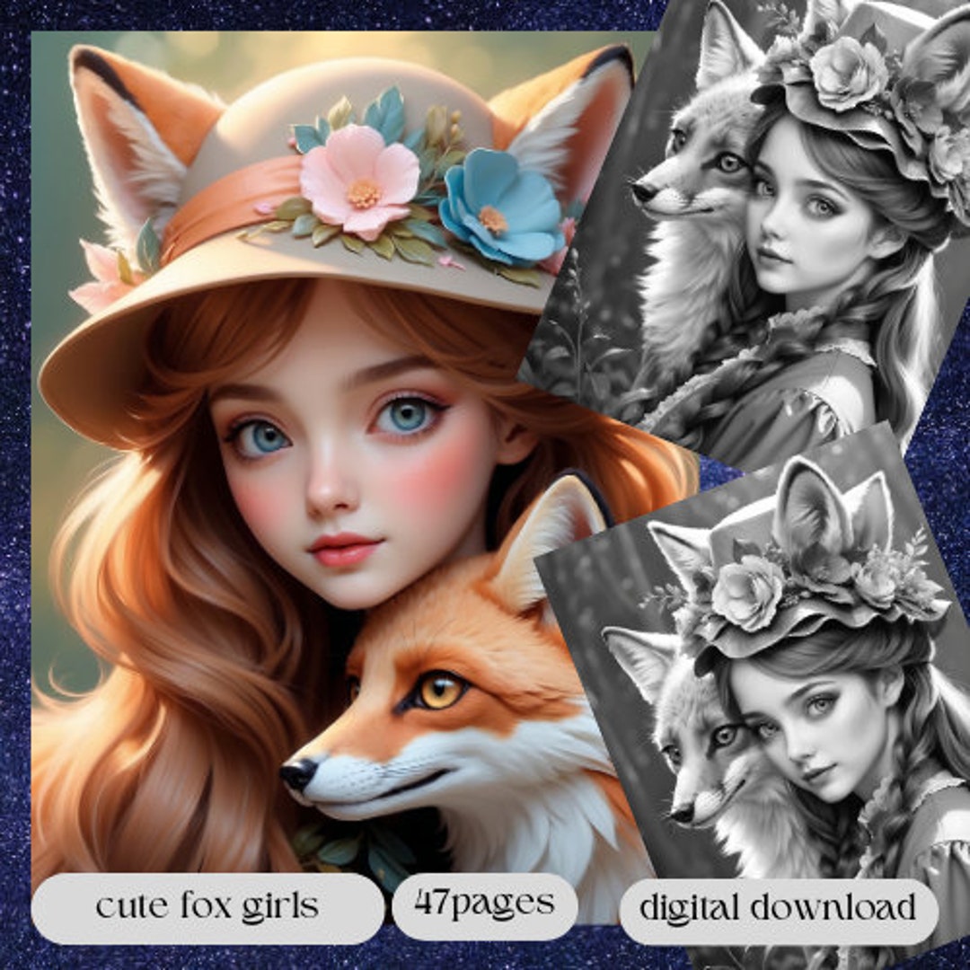 Cute Fox Girls/printable Adult Kids Coloring Pages/download Grayscale ...