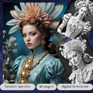 Fantasy Queens/printable Adult Coloring Pages/download Grayscale Illustrations. - Etsy